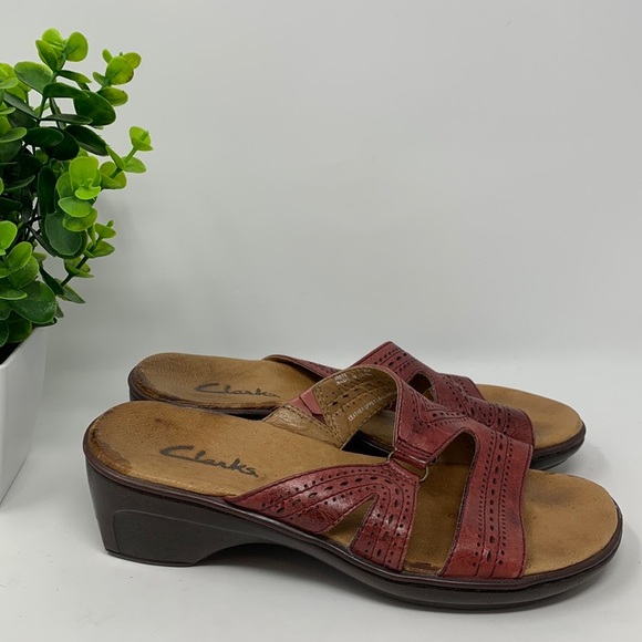 Clarks | Shoes | Clarks Red Leather Slide Wedge Comfort Sandals Womens ...